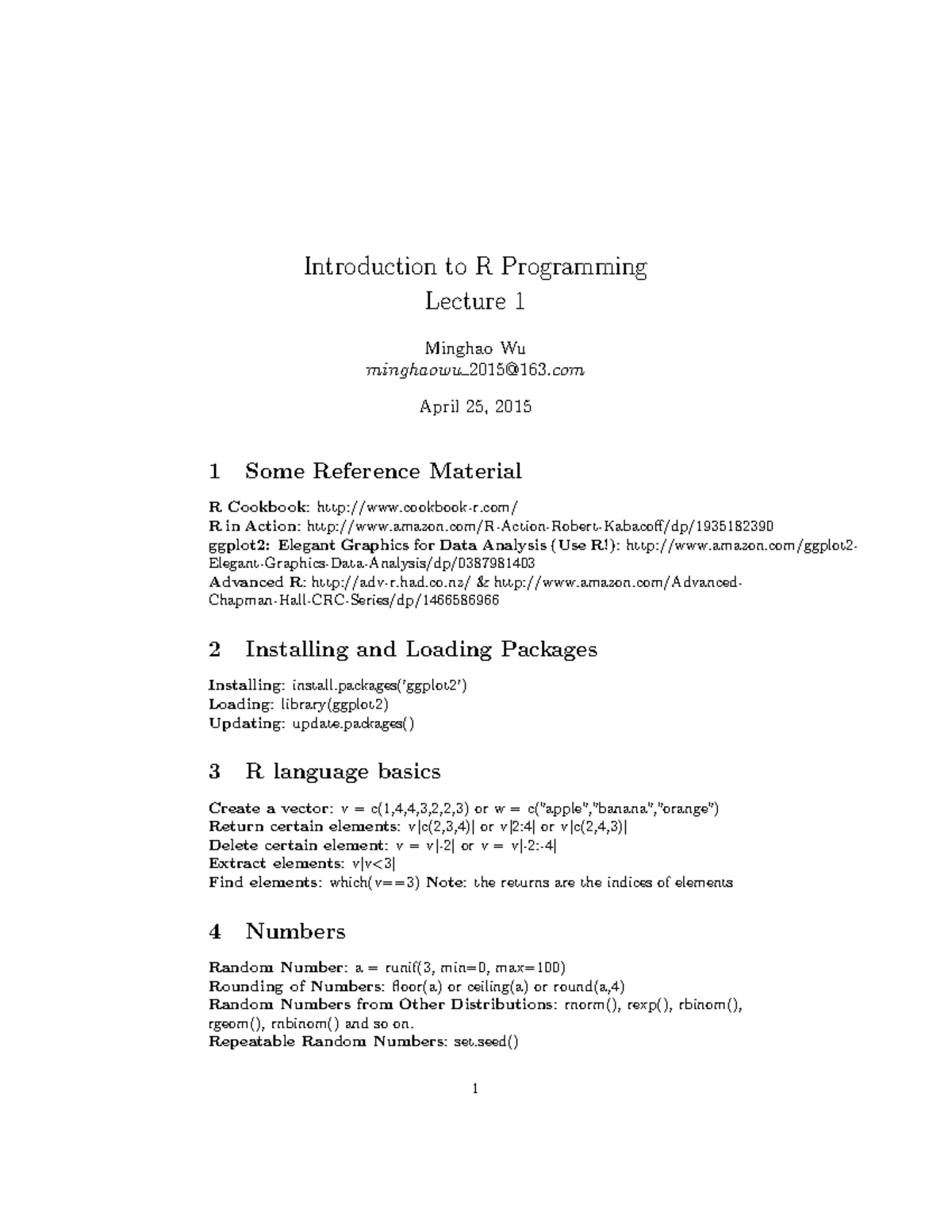 R notes - 2352 - Introduction to R Programming Lecture 1 Minghao Wu ...