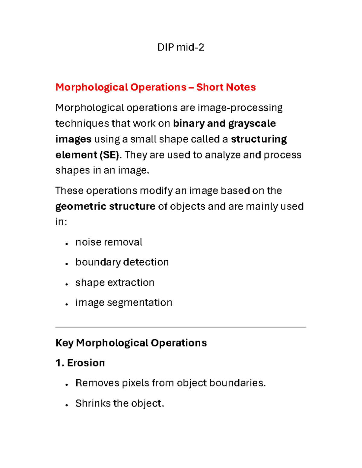 DIP Midterm 2 Notes on Morphological Operations and RLE - Studocu
