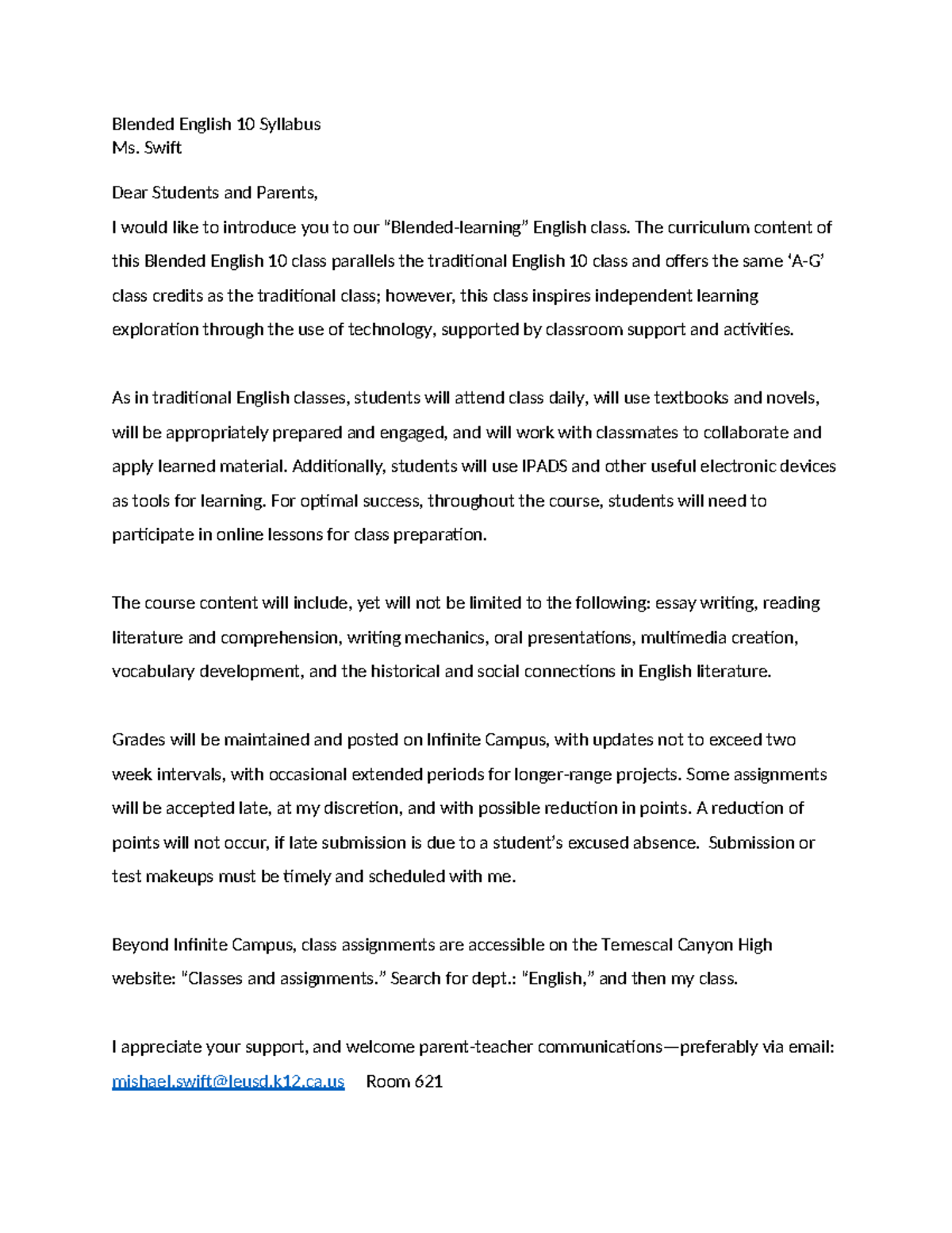 Blended English 10 Syllabus - Ms. Swift's Class Overview - Studocu