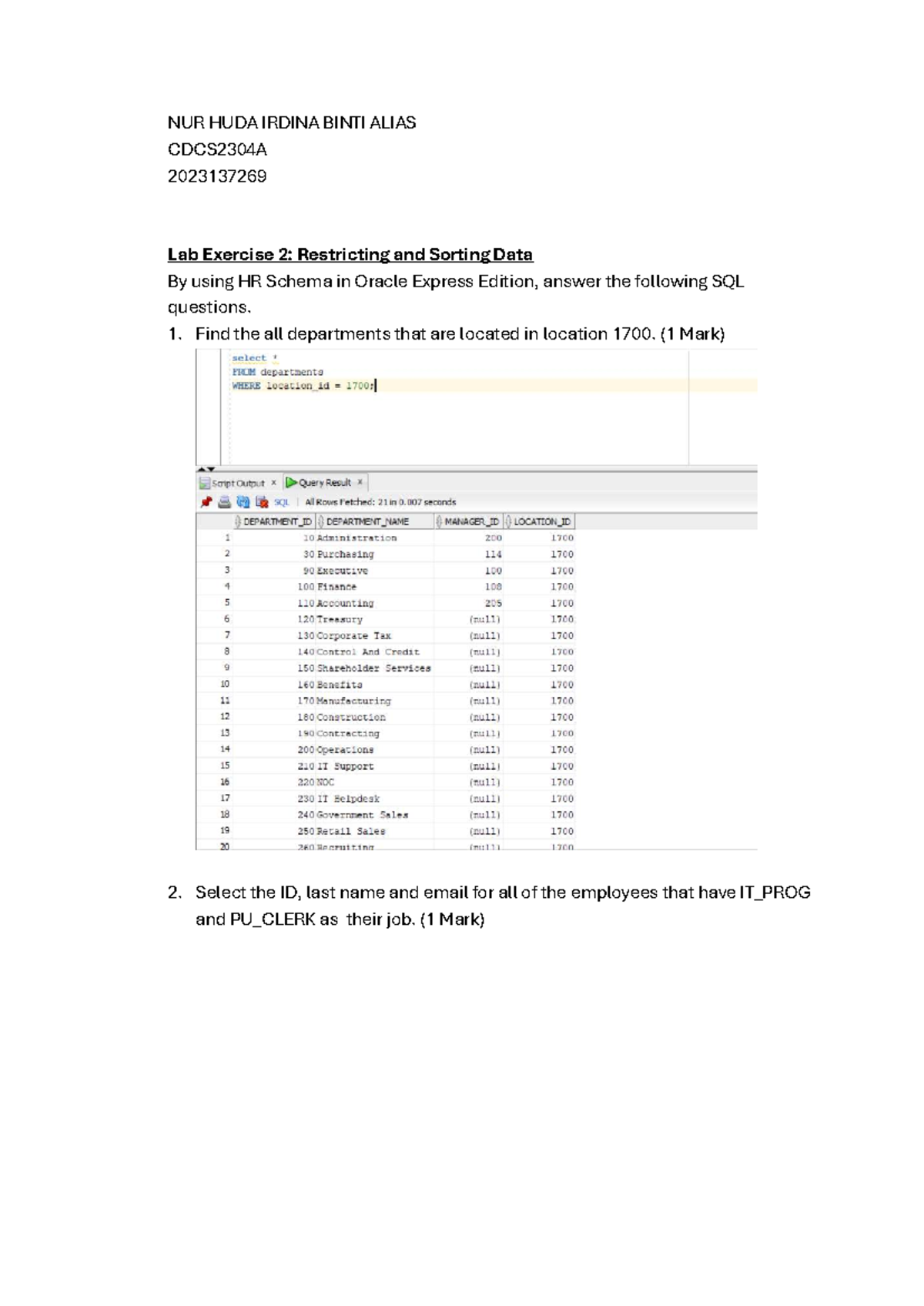 Lab Exercise 2: SQL Queries on HR Schema (CDCS2304A) - Studocu