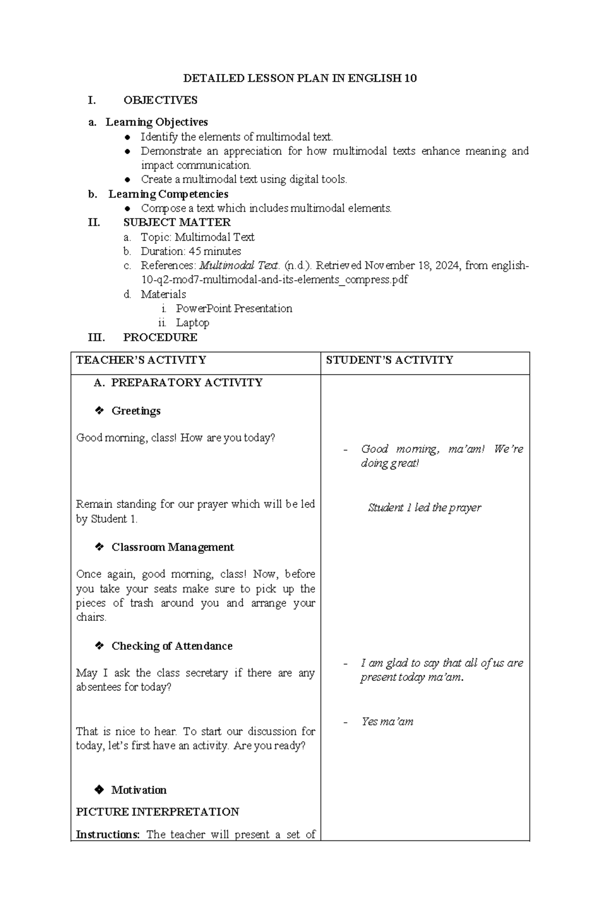 Castro Detailed Lesson PLAN (Multimodal Text) - DETAILED LESSON PLAN IN ENGLISH 10 I. OBJECTIVES ...