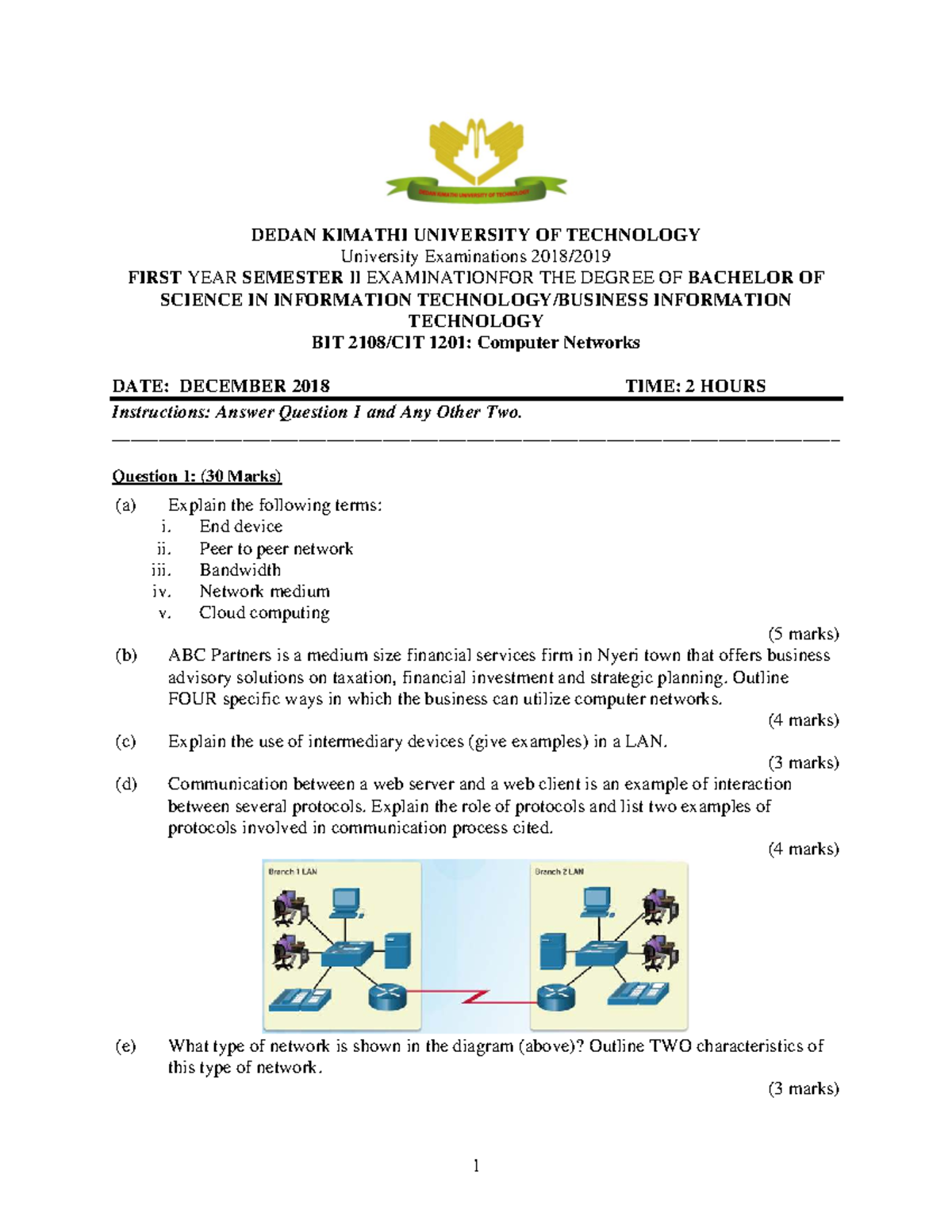 BIT 1201: Final Exam Questions for Computer Networks - Dec 2018 - Studocu