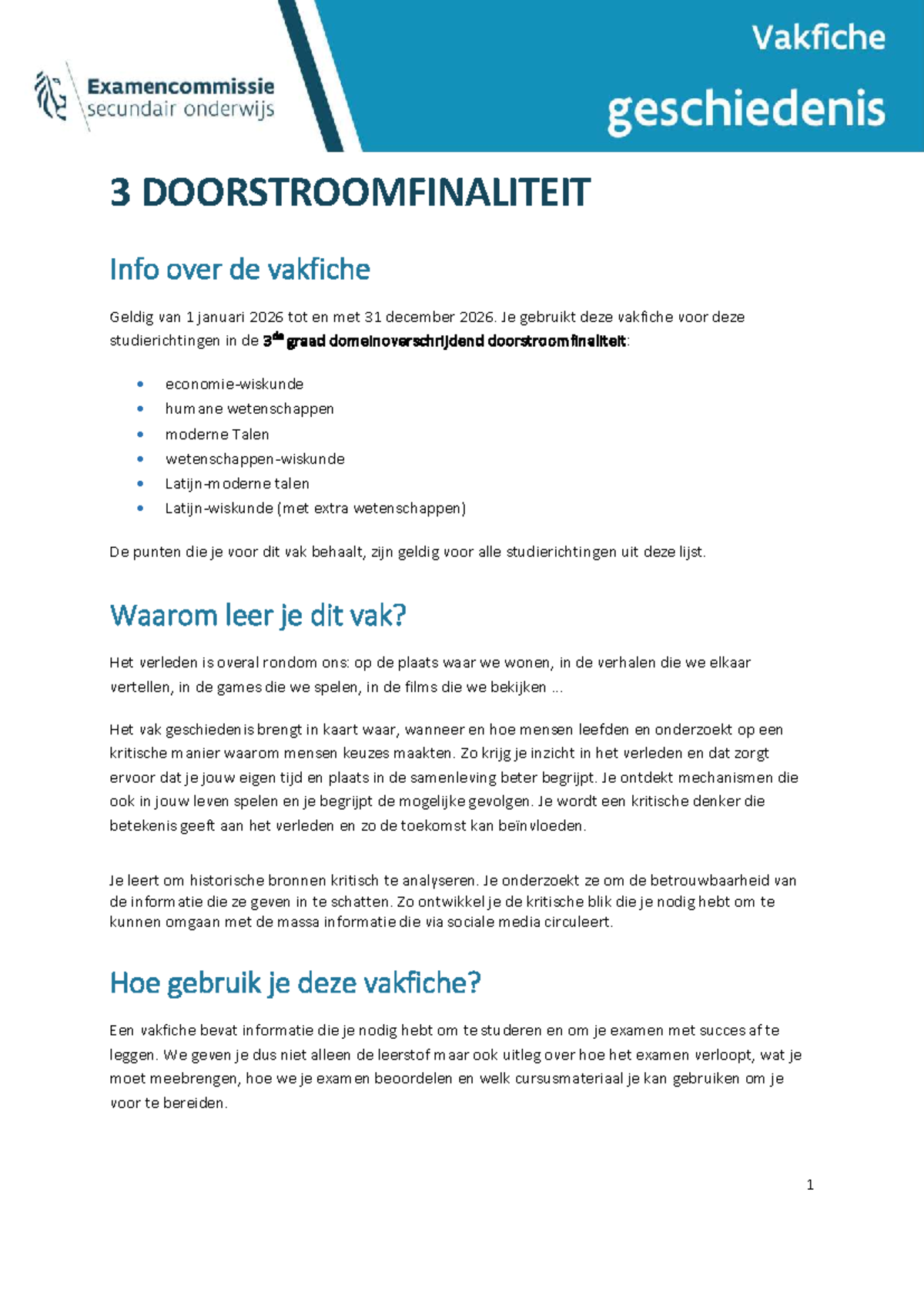 2026 Geschiedenis Vakfiche voor 3de Graad Doorstroomfinaliteit - Studocu