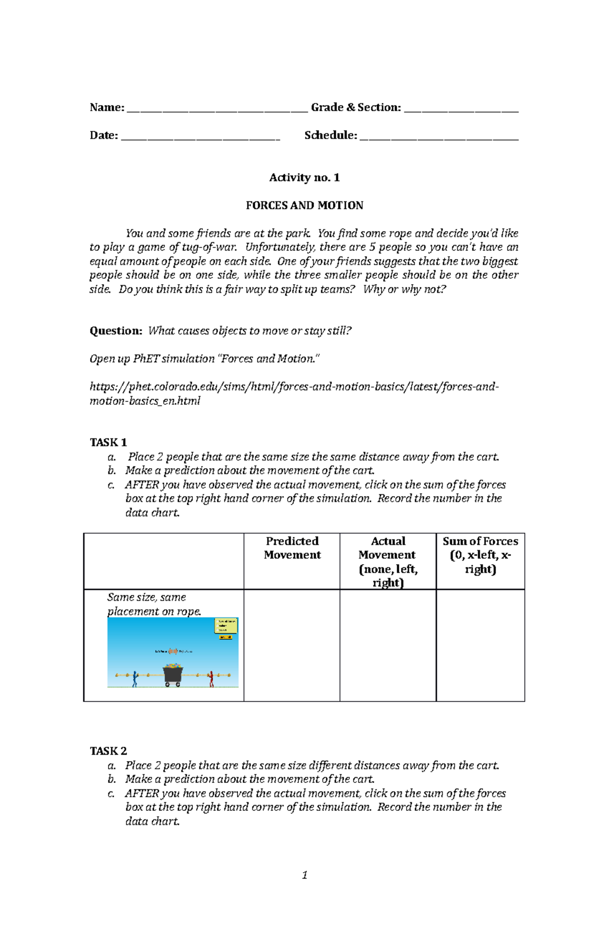 Introductory Forces and Motion - Name ...