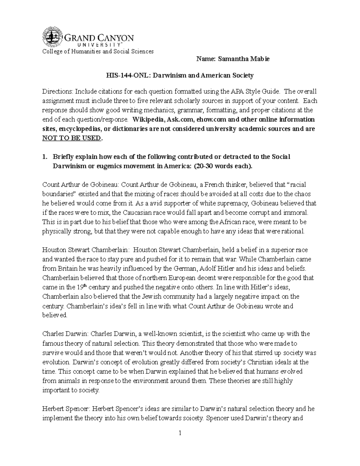 Darwinism and American Society Worksheet - College of Humanities and ...