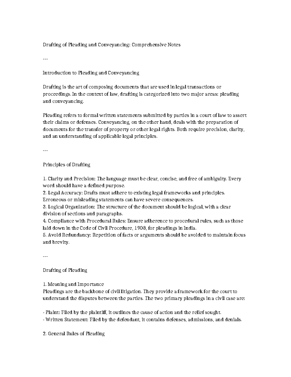 Drafting of Pleading & Conveyancing: Comprehensive Study Notes - Studocu