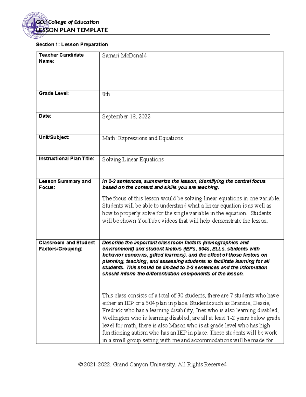 GCU ELED 210 Lesson Plan: Solving Linear Equations for 8th Grade - Studocu