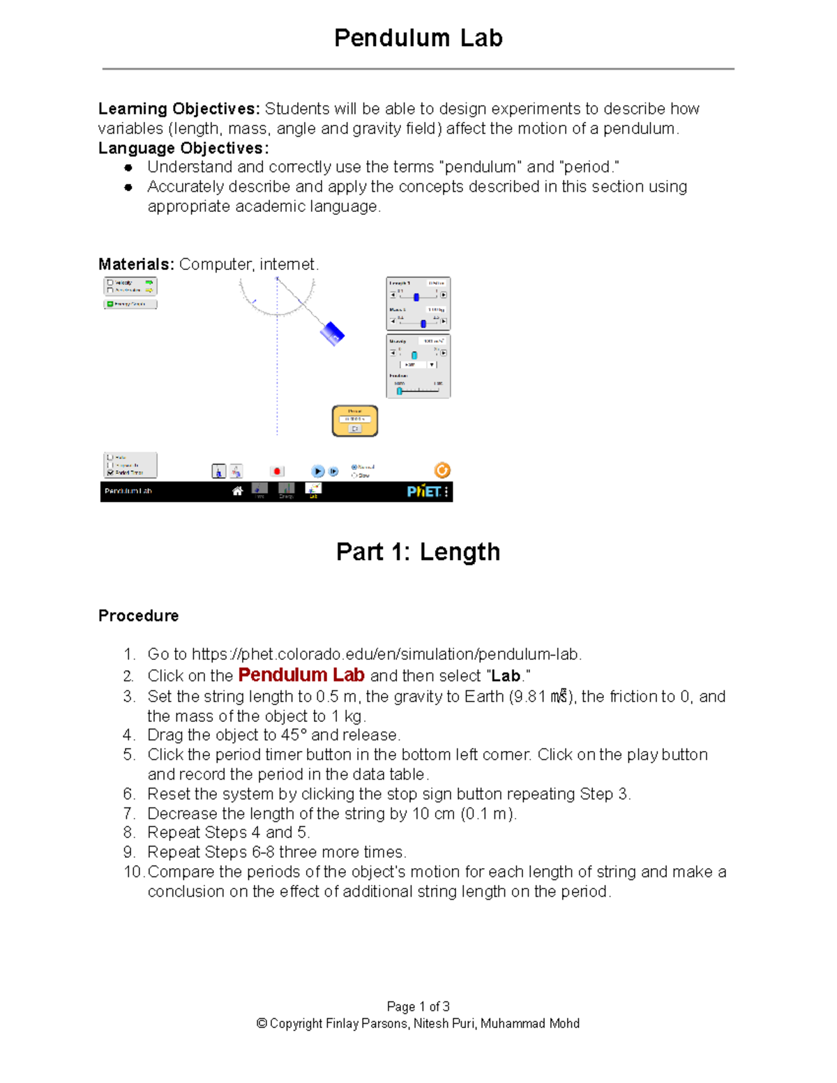 Pendulum Lab (PHYS 101) - Understanding Length and Mass Effects - Studocu