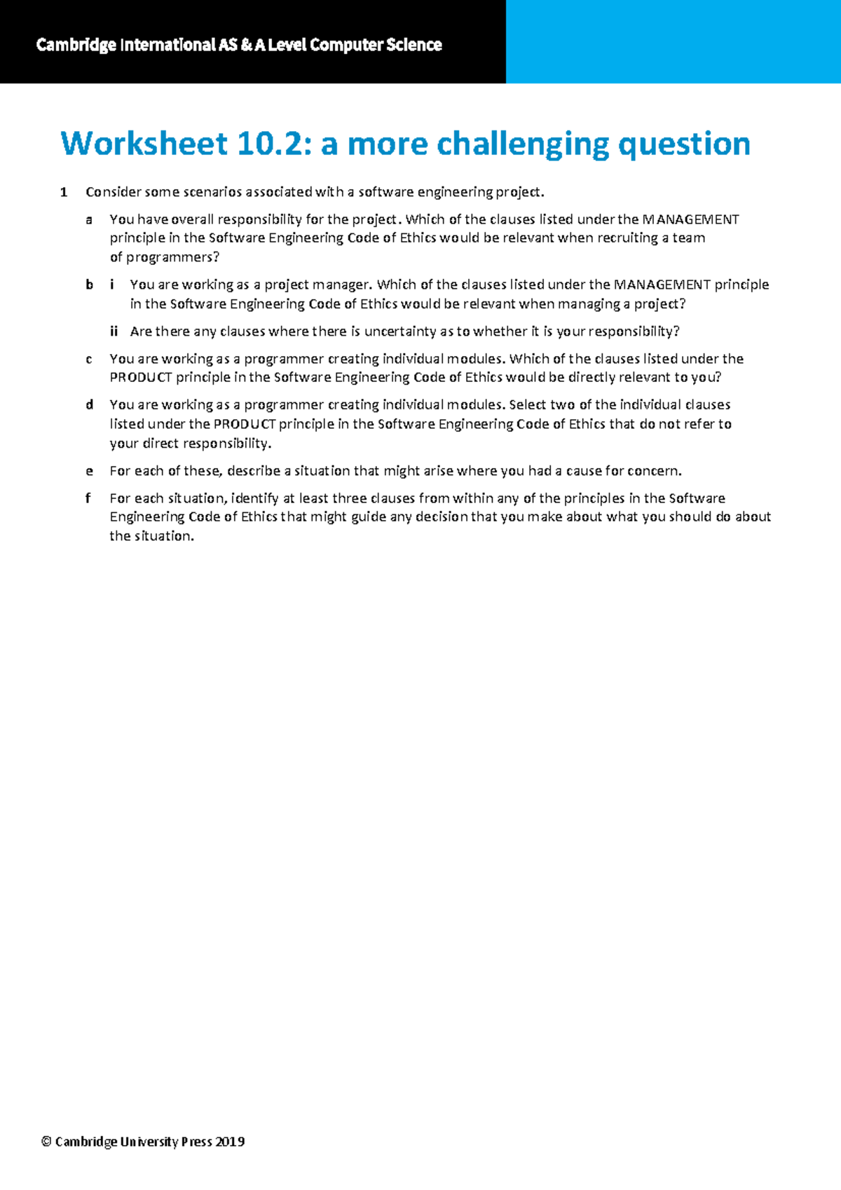 Worksheet 10: Software Engineering Ethics Scenarios and Management ...