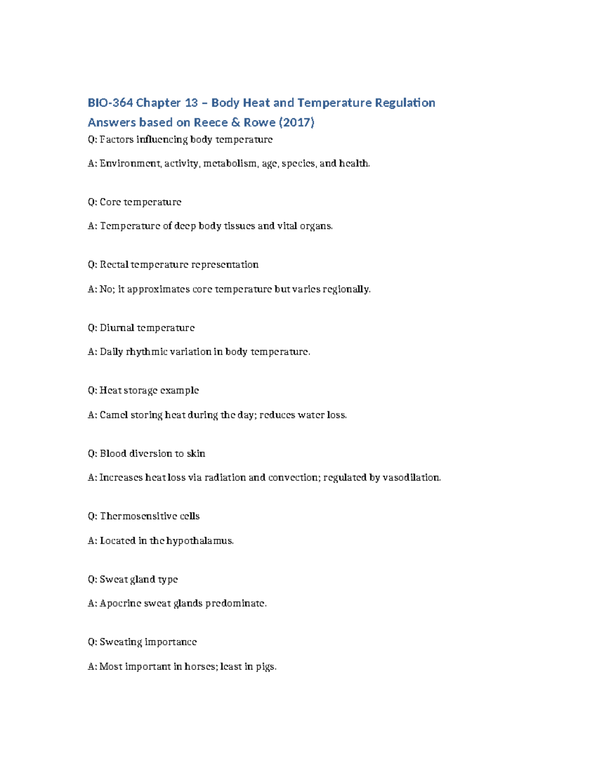 BIO-364 Chapter 13: Body Heat & Temp Regulation Insights - Studocu