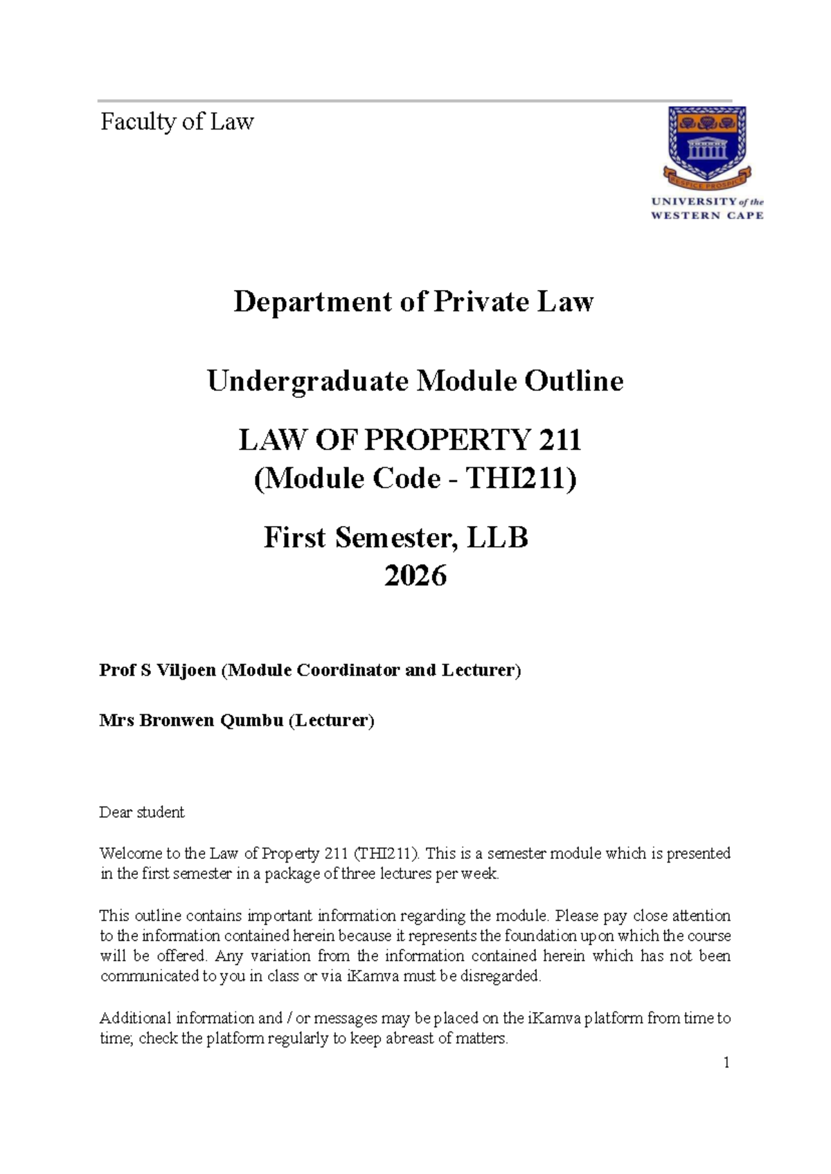 THI211 Law of Property Module Outline - First Semester 2026 - Studocu