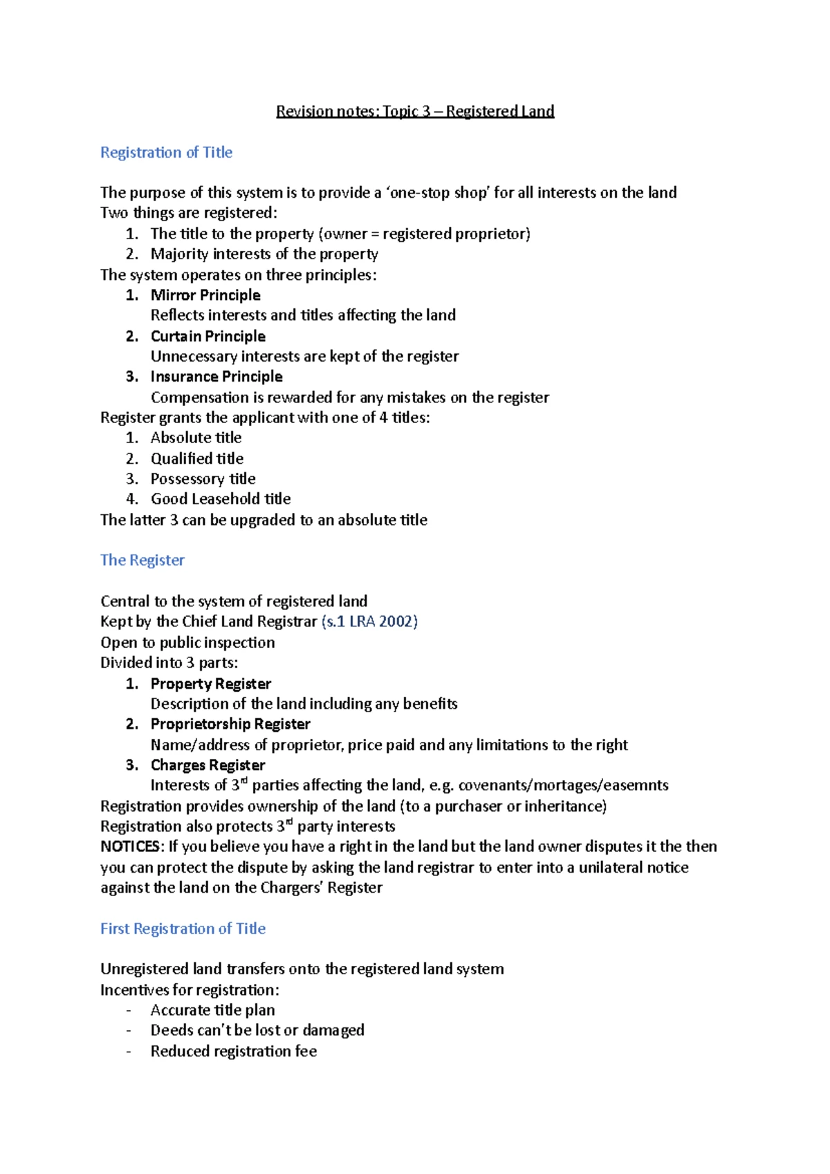 Land Law topic 3 - notes - Land Law Topic 3: Principles of land ...
