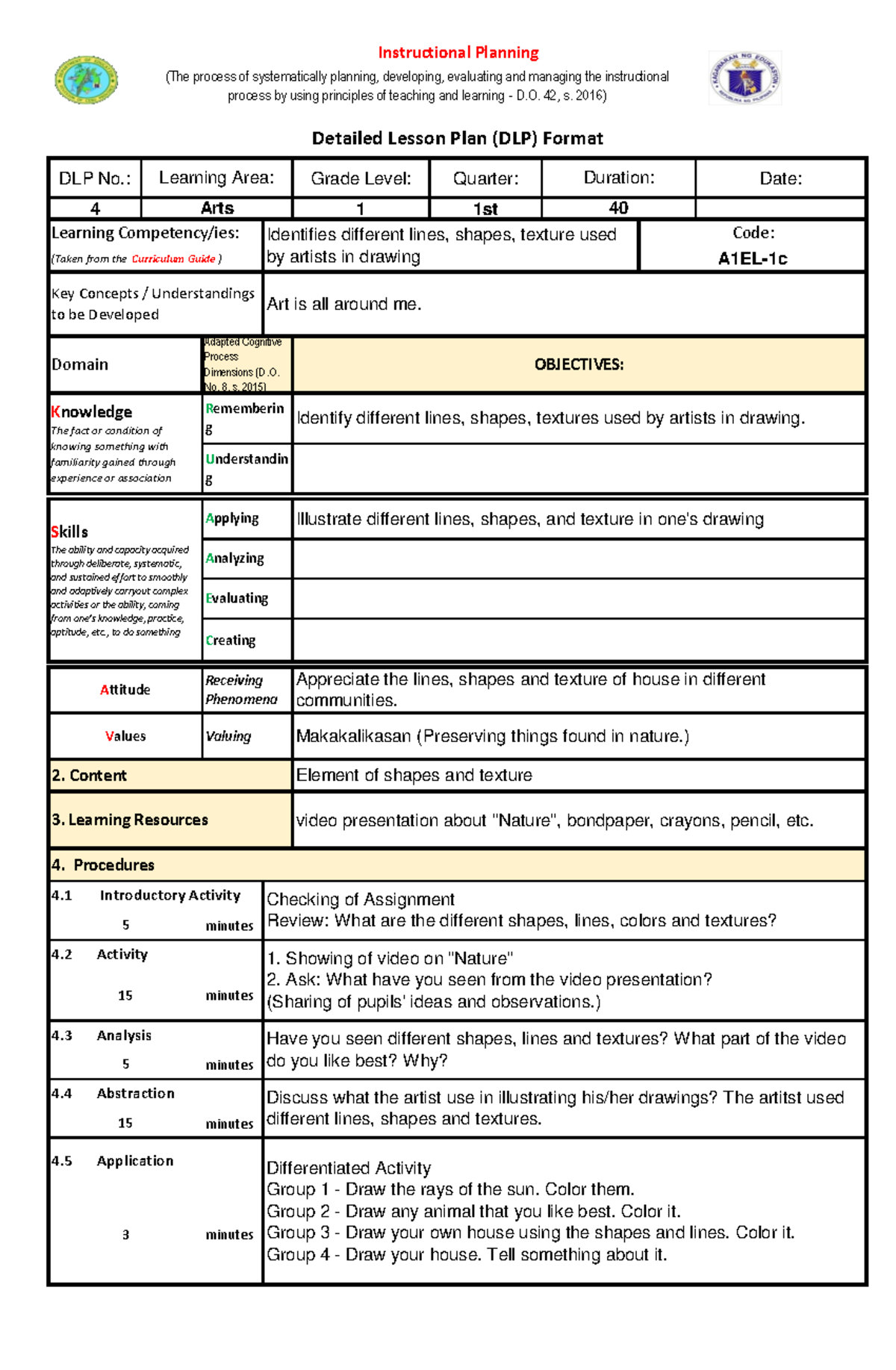 DLP No. 4: MAPEH 1 - Arts Lesson Plan on Lines, Shapes & Textures - Studocu