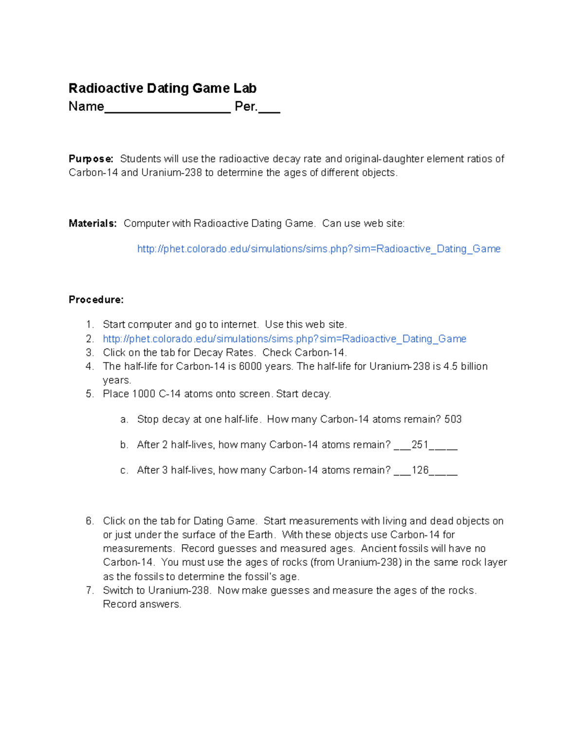 Radioactive Dating Game Lab Instructions & Data Analysis - Studocu