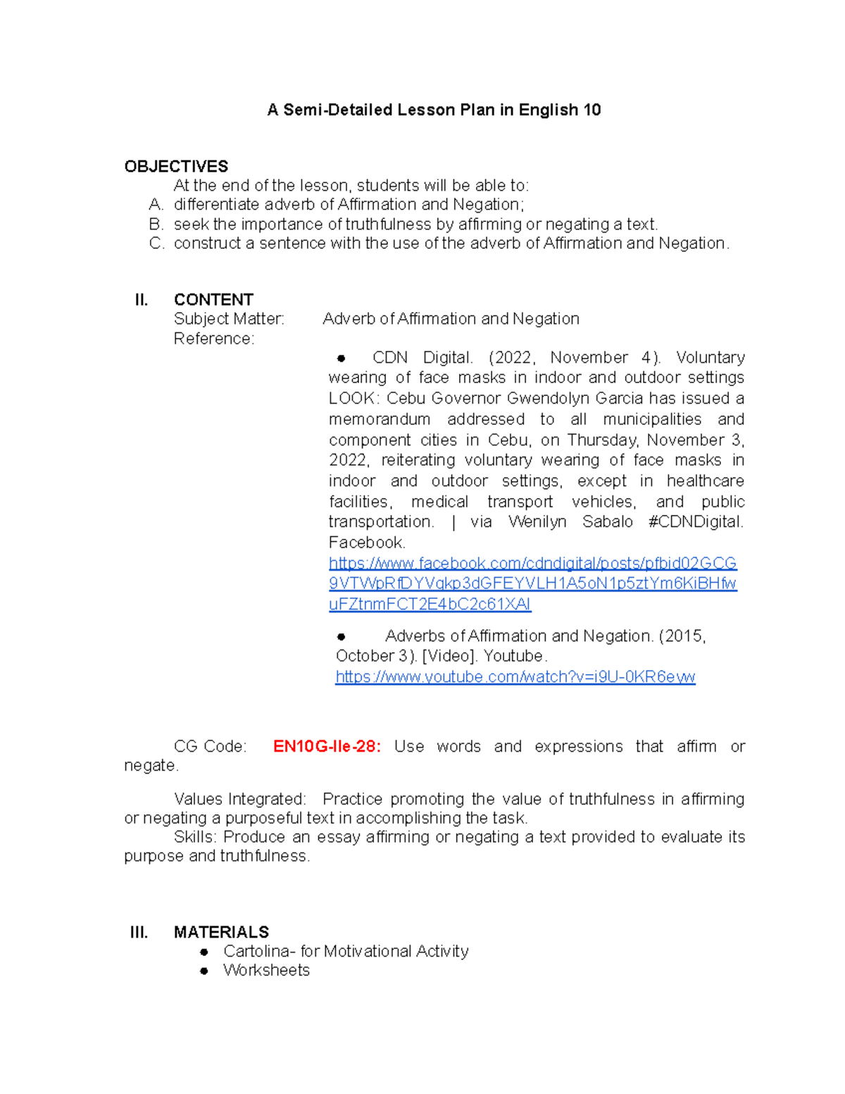 Rivera, Joey Allen A. Lesson plan - A Semi-Detailed Lesson Plan in ...