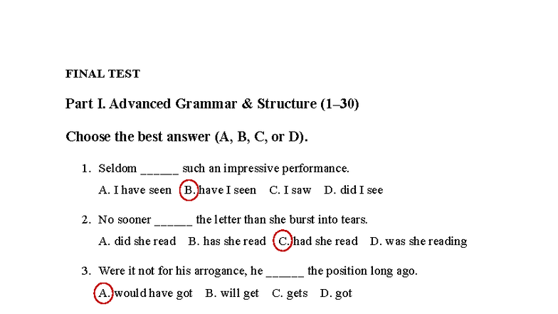 FINAL TEST Part I: Advanced Grammar Structures & AI Insights - Studocu