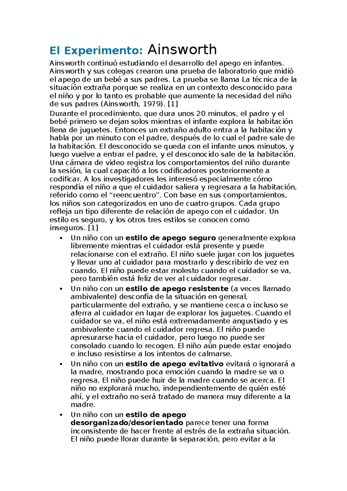 El Experimento de Ainsworth sobre el Apego Infantil - Studocu