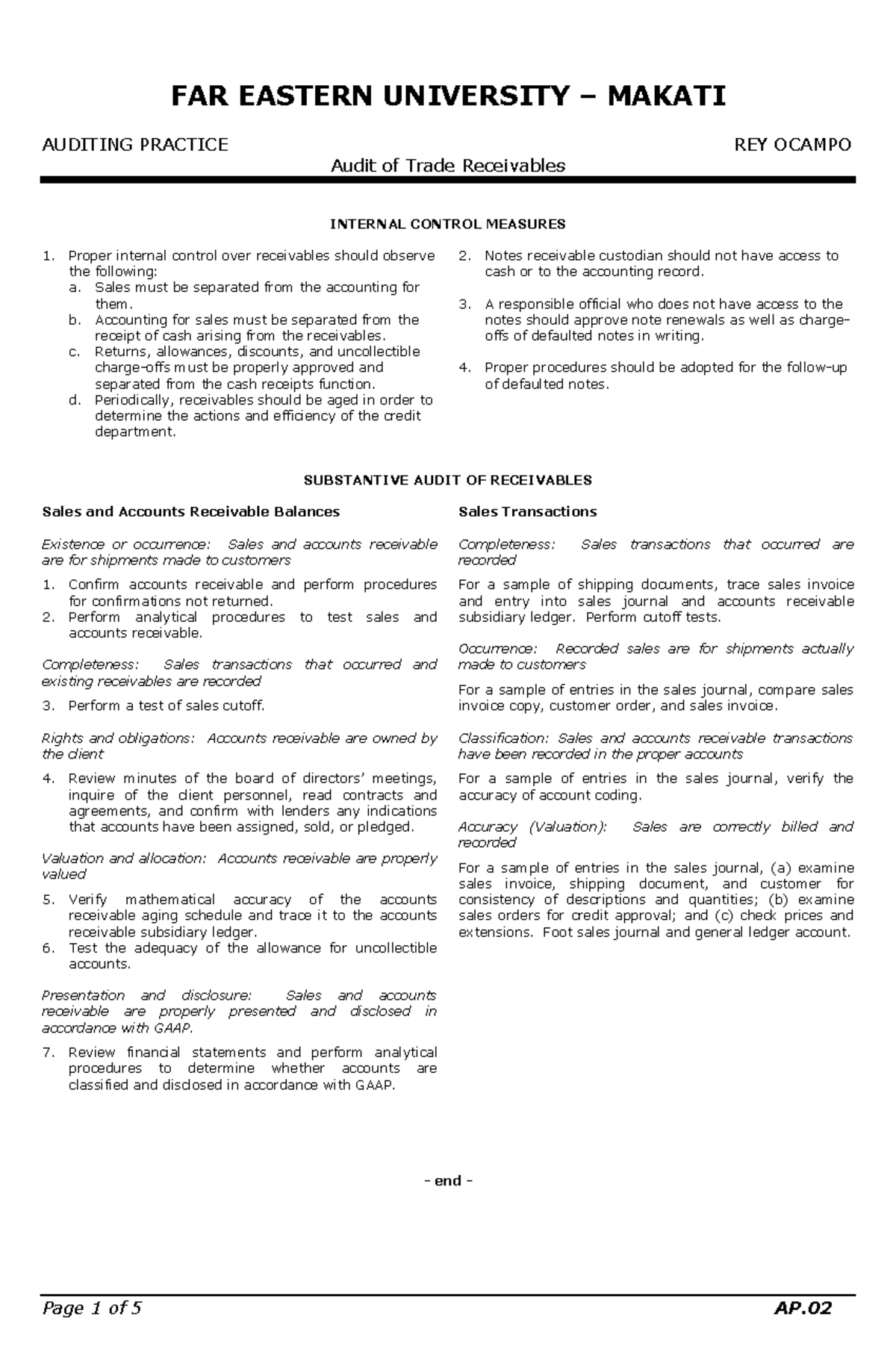 02 Auditing Practice: Audit of Trade Receivables Internal Controls ...