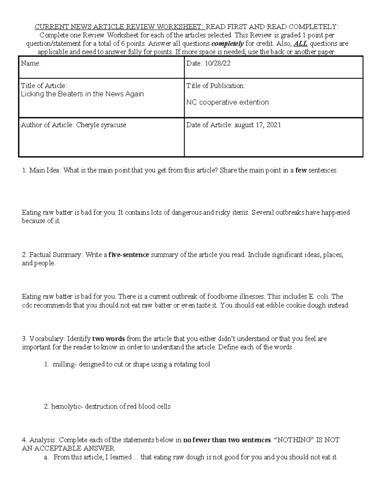 Article Review Worksheet 2022-1: Licking the Beaters in the News Again ...