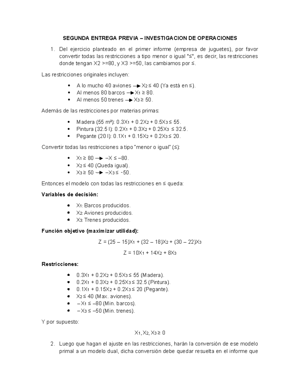 Segunda Entrega Previa - Investigación de Operaciones 1: Modelo Primal ...