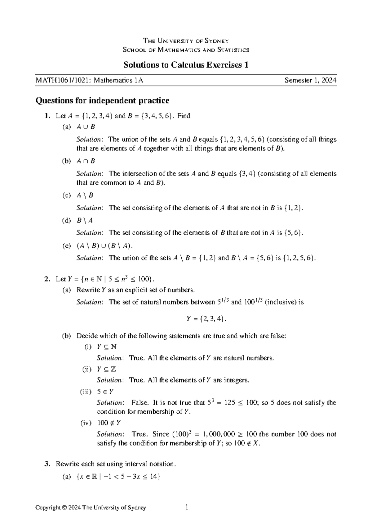 Calculus Exercises 1: Solutions and Explanations - Studocu