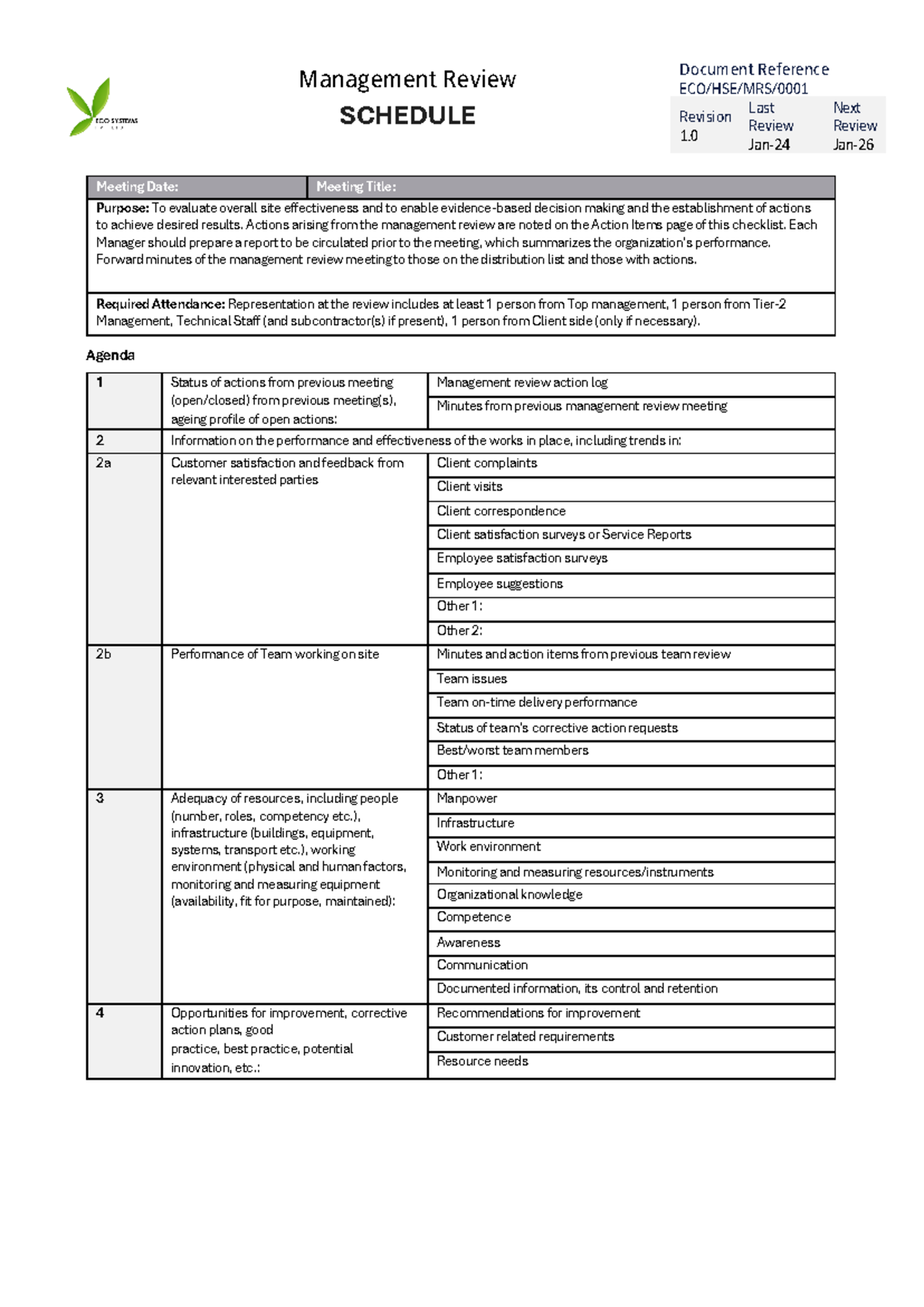 Management Review Meeting Format 2024 - Management Review ECO/HSE/MRS ...
