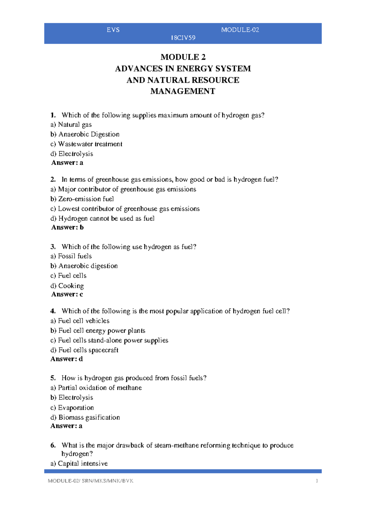 EVS 18CIV59 Module 2 Objective Questions on Energy Systems - Studocu
