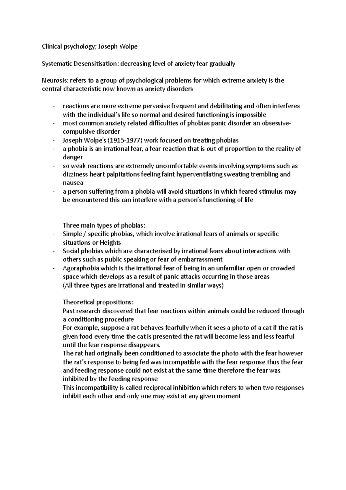 Clinical psychology - Notes about Joseph Wolpe study of systematic ...