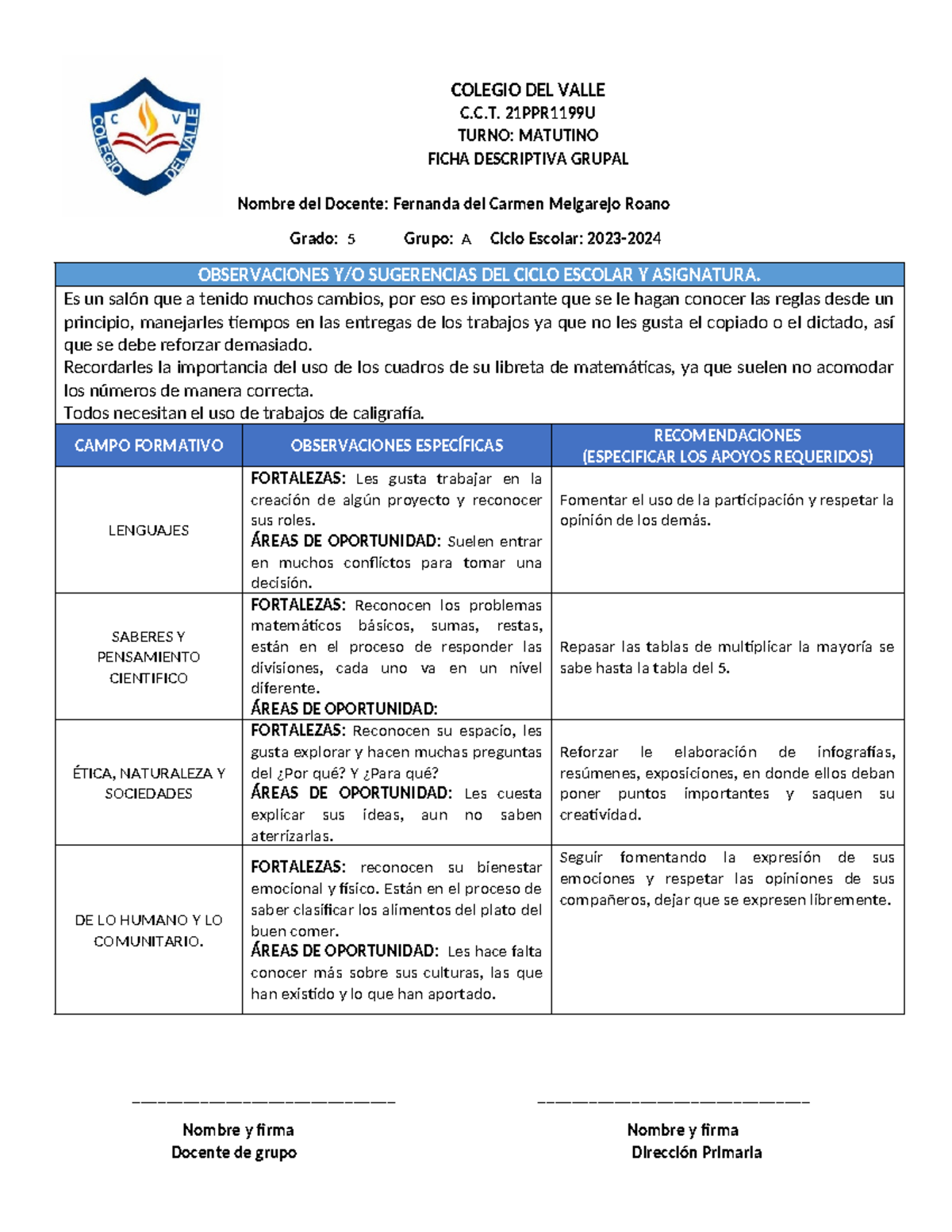 Ficha Descriptiva Grupal C.C. 21PPR1199U - Grado 5A 2023 - Studocu