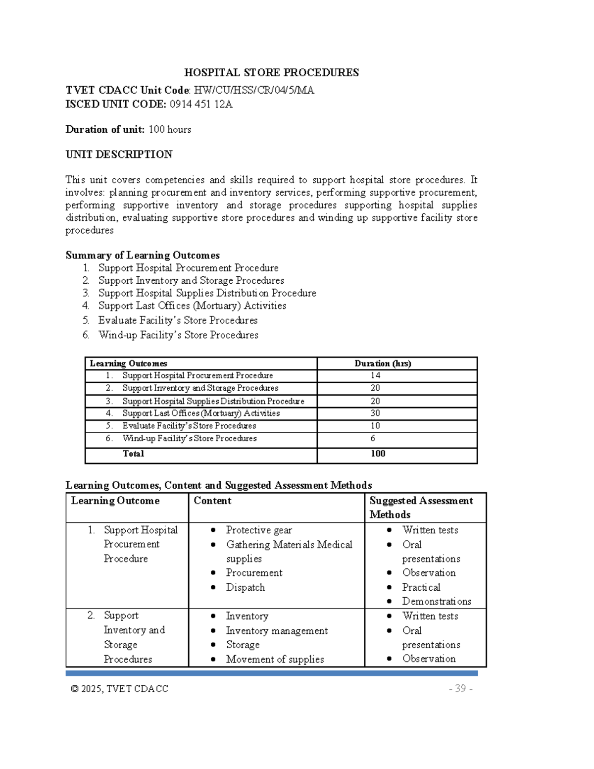 Hospital Store Procedures: ISCED 0914 451 12A Overview and Learning ...