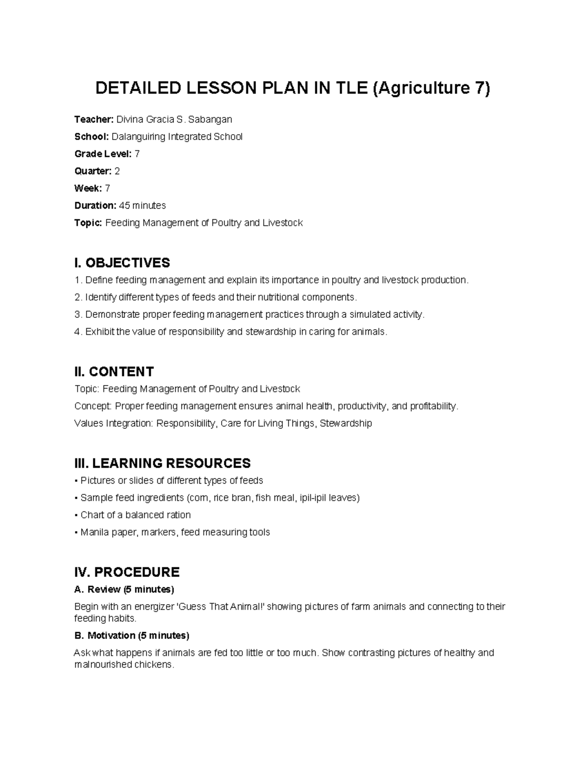 Lesson Plan TLE7: Feeding Management of Poultry & Livestock - Studocu