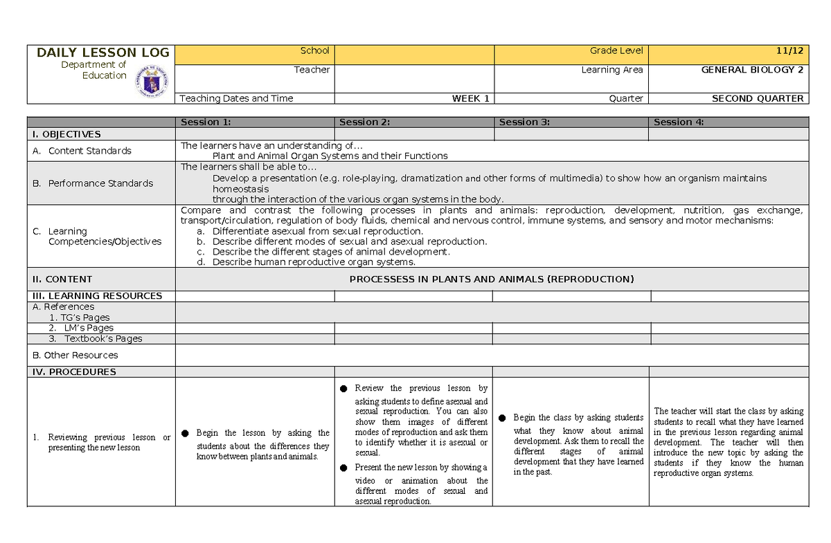 GB2 Q2 WEEK 1 Daily Lesson Log: Plant & Animal Reproduction - Studocu