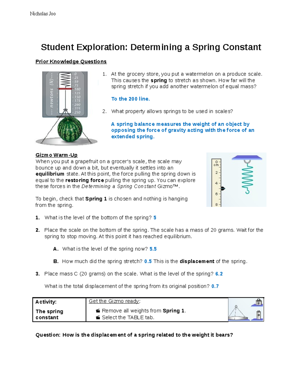 Student Exploration: Gizmo Hooke's Law & Spring Constant Analysis - Studocu