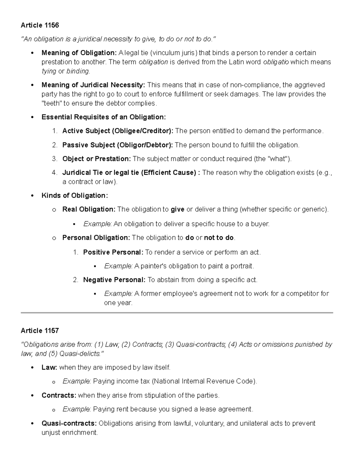 Obligation Law Review: Articles 1156-1161 Overview - Studocu