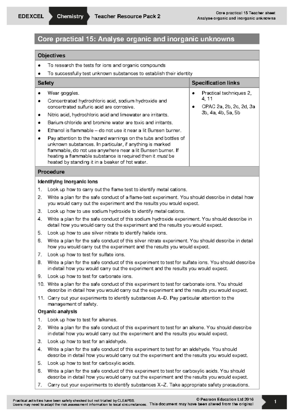A Level Chemistry EDEXCEL Core Practical 15: Analysis of Unknowns - Studocu