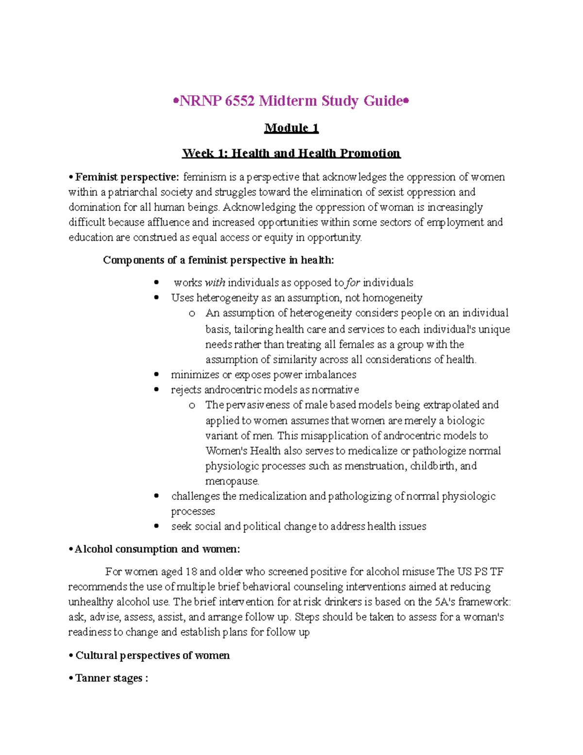 6552 Midterm Exam Review: Health Promotion & Feminist Perspectives ...