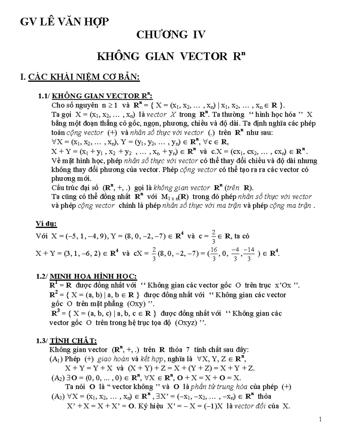 GV LÊ VĂN HỢP CHƯƠNG IV: KHÔNG GIAN VECTOR Rn - TỔNG QUAN VÀ TÍNH CHẤT ...