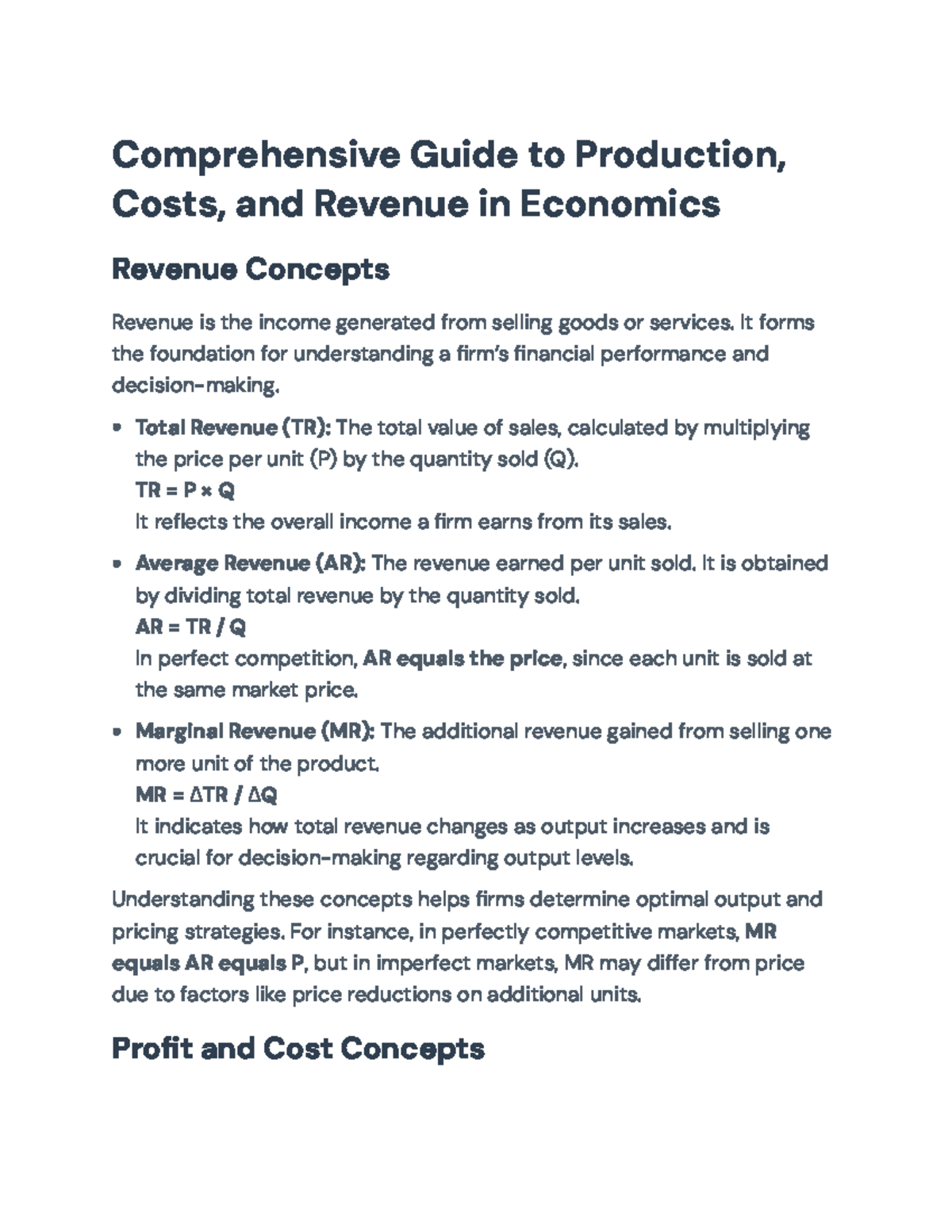 Comprehensive Guide to Production, Costs, and Revenue in Economics ...
