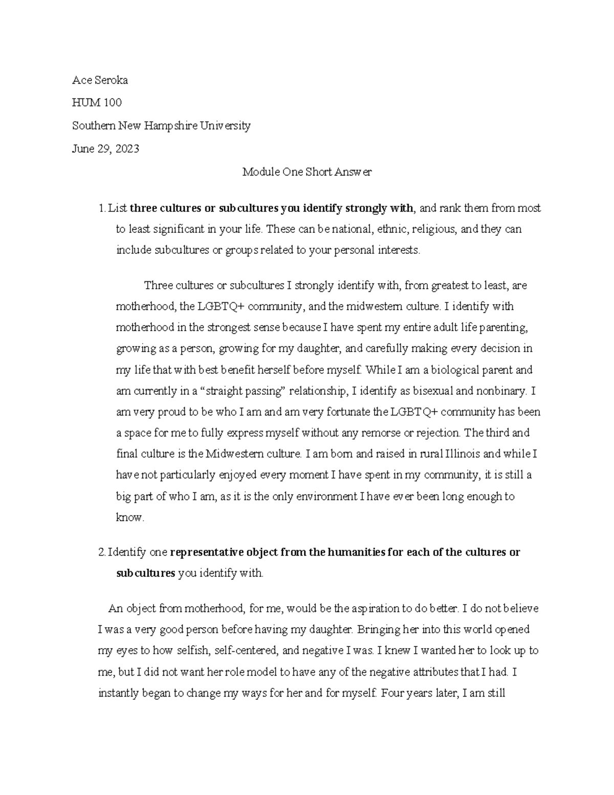 HUM100 Module One Short Answer - Ace Seroka HUM 100 Southern New ...