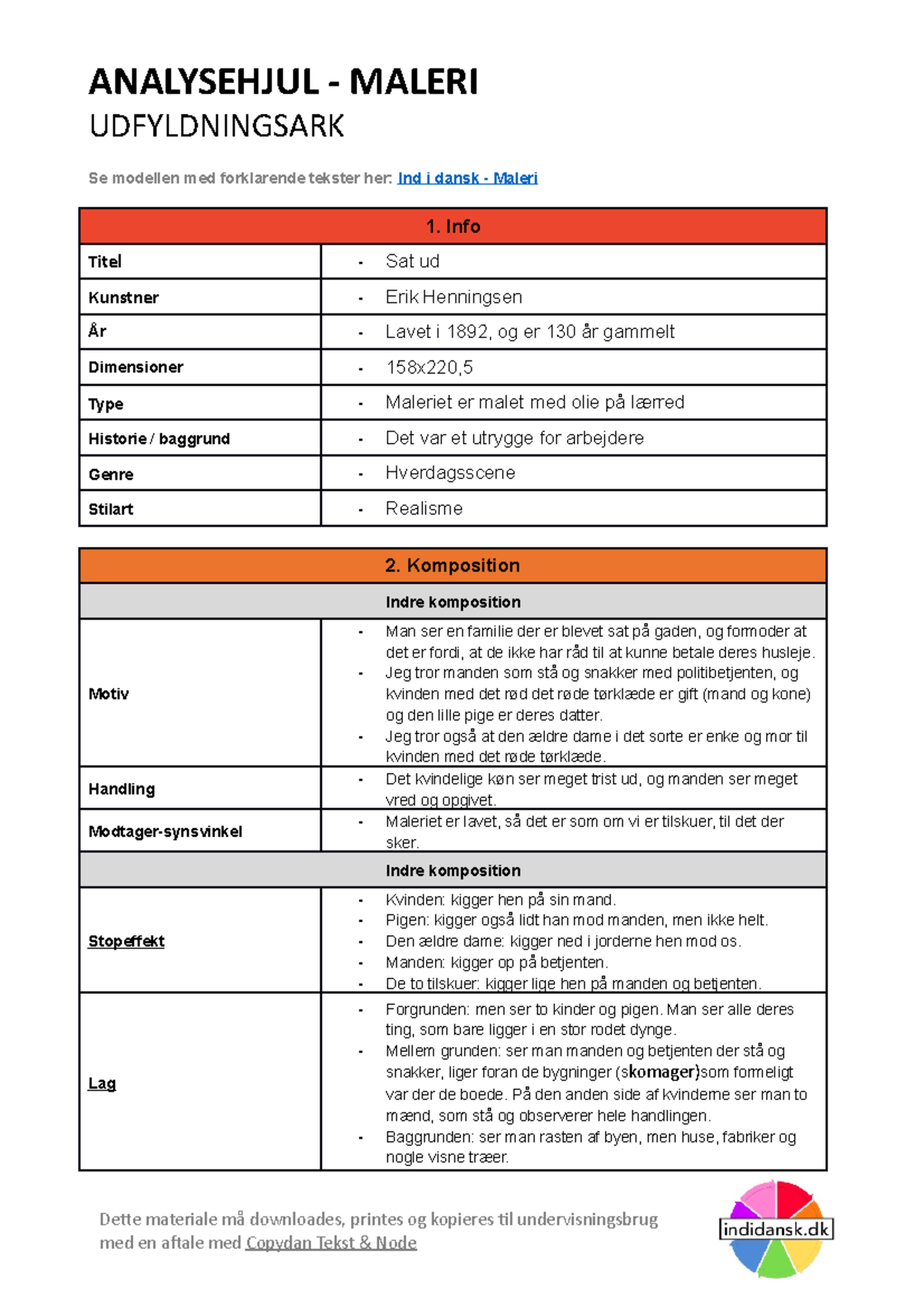 analyse af sat ud - UDFYLDNINGSARK Se modellen med forklarende tekster her: Ind i dansk - Maleri ...
