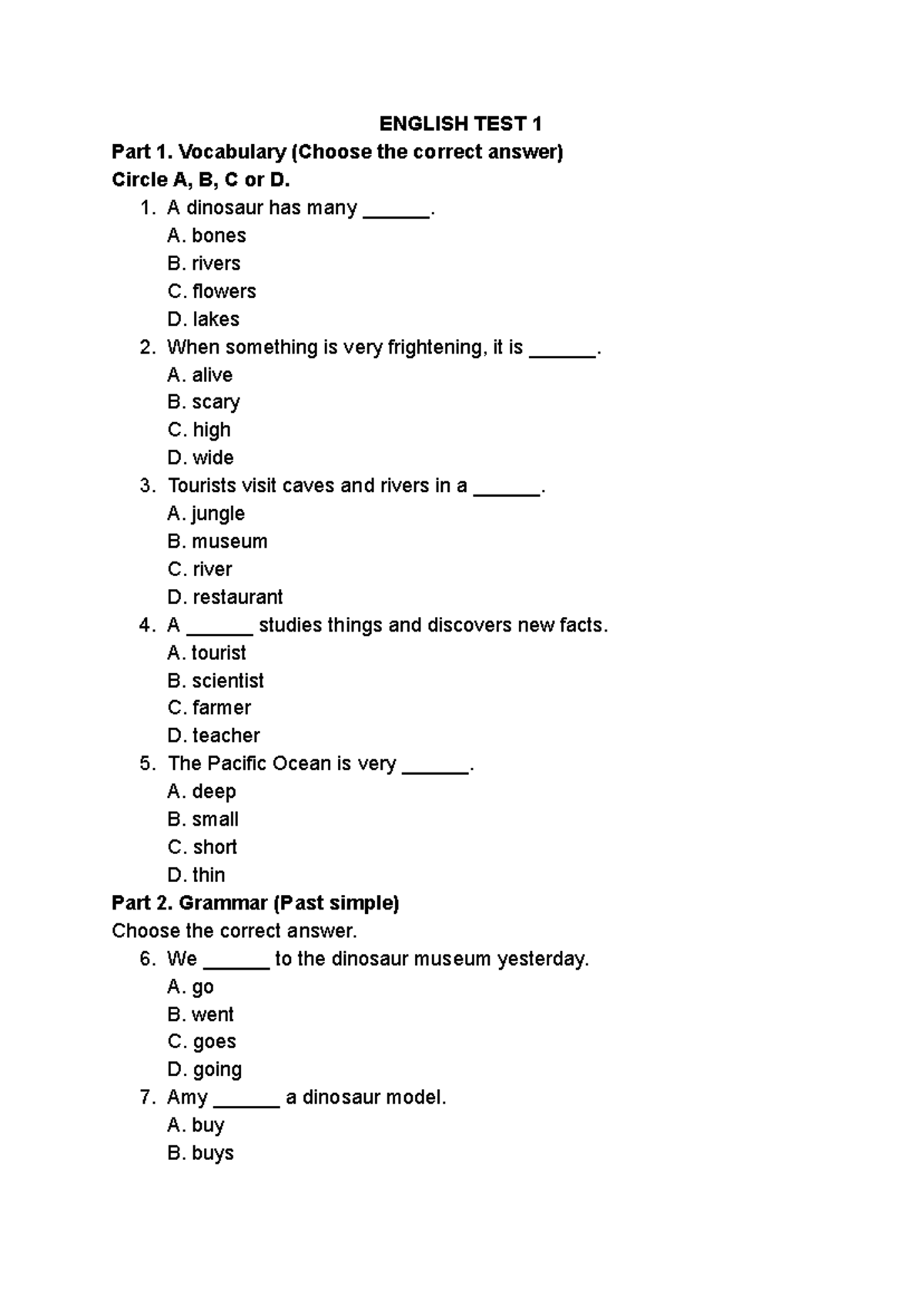 NGLISH TEST E1: Vocabulary & Grammar Practice - Studocu