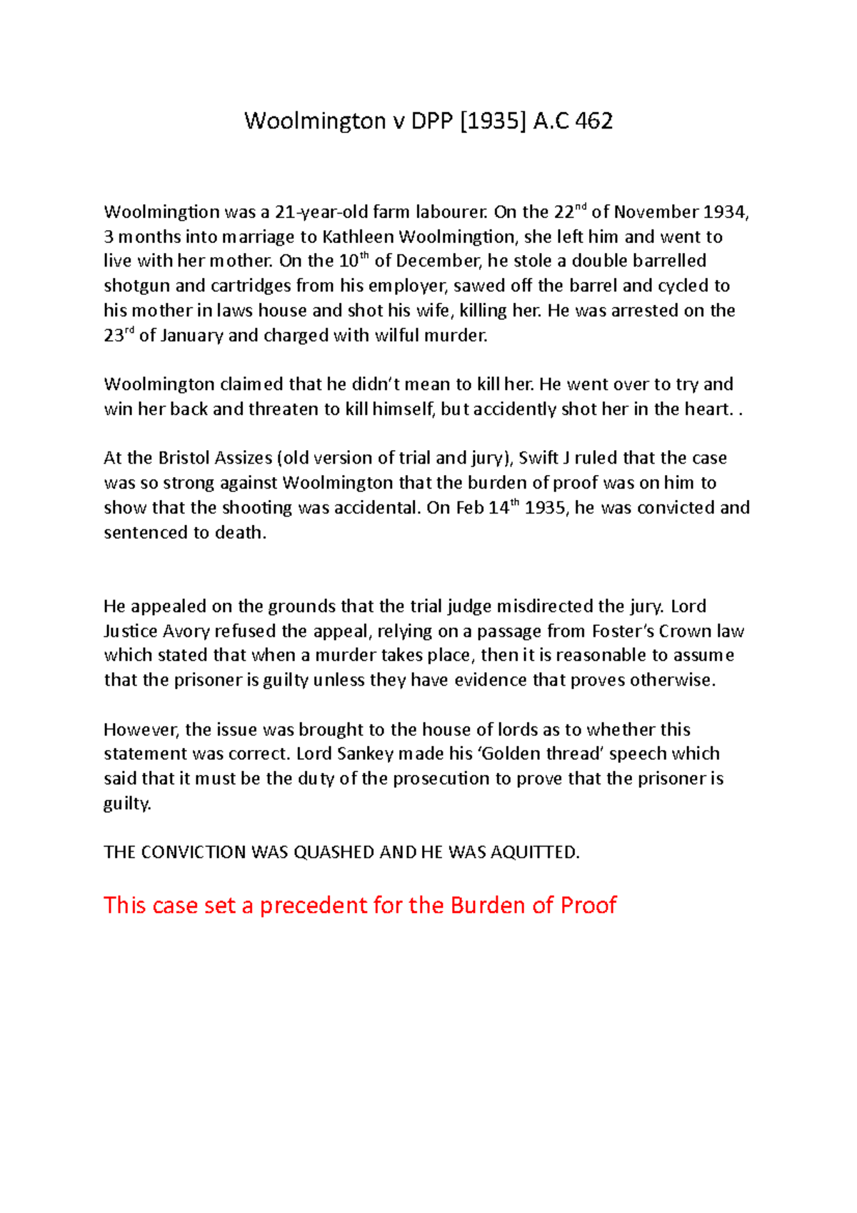 Woolmington v DPP: Landmark Case on Burden of Proof (1935) - Studocu