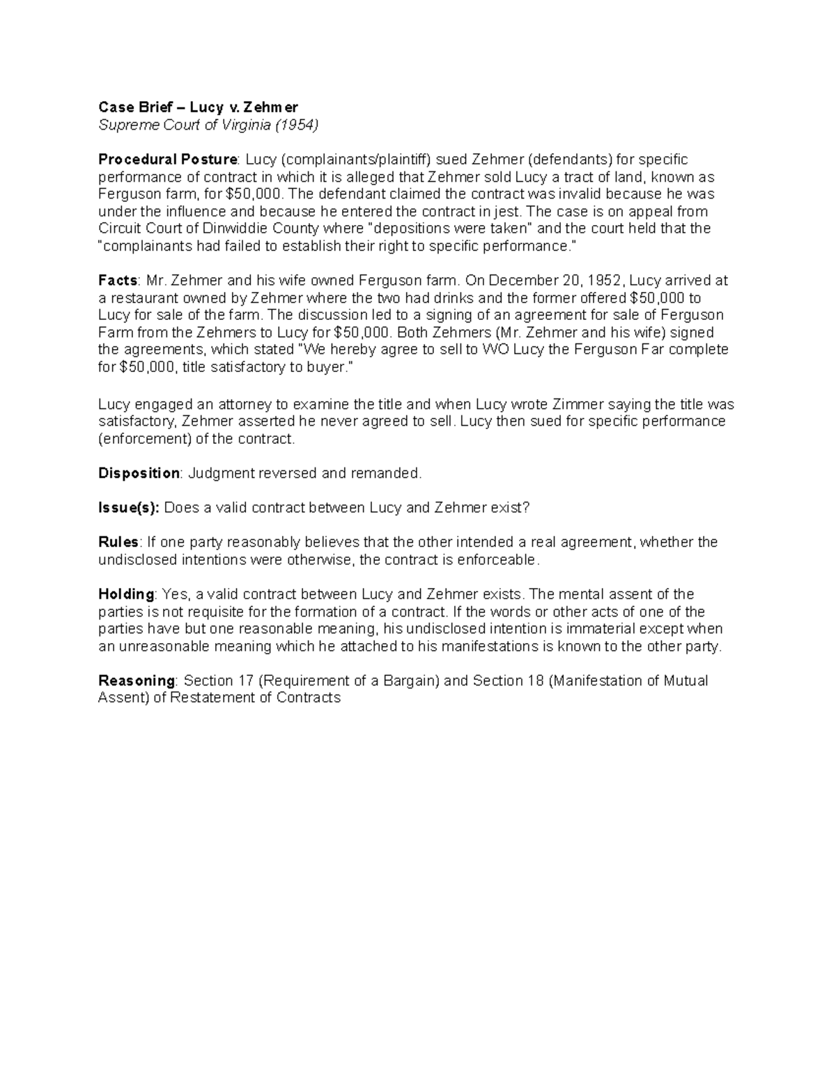 Case Brief for 8:29 - Lucy v. Zehmer - Case Brief – Lucy v. Zehmer ...