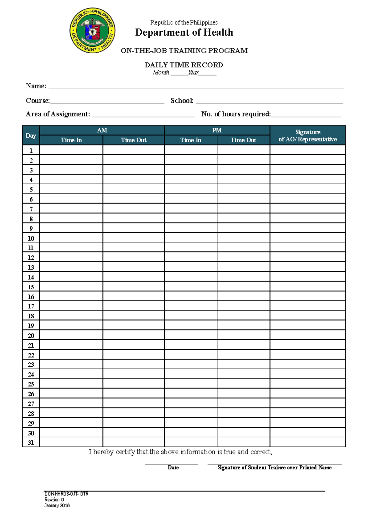 OJT-DTR - N/A - Republic of the Philippines Department of Health ON-THE ...