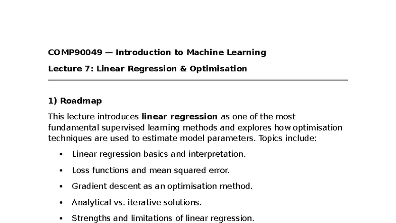 COMP90049 Lecture 7: Linear Regression & Optimisation Techniques - Studocu