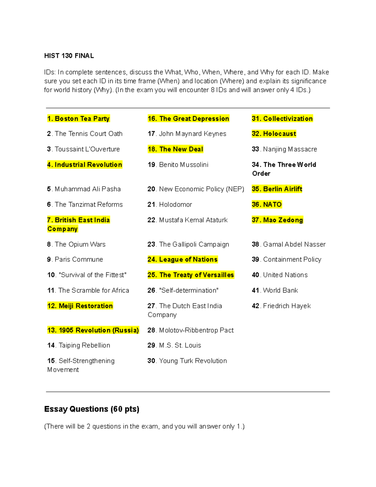 HIST 130 Final Study Guide - HIST 130 FINAL IDs: In complete sentences ...