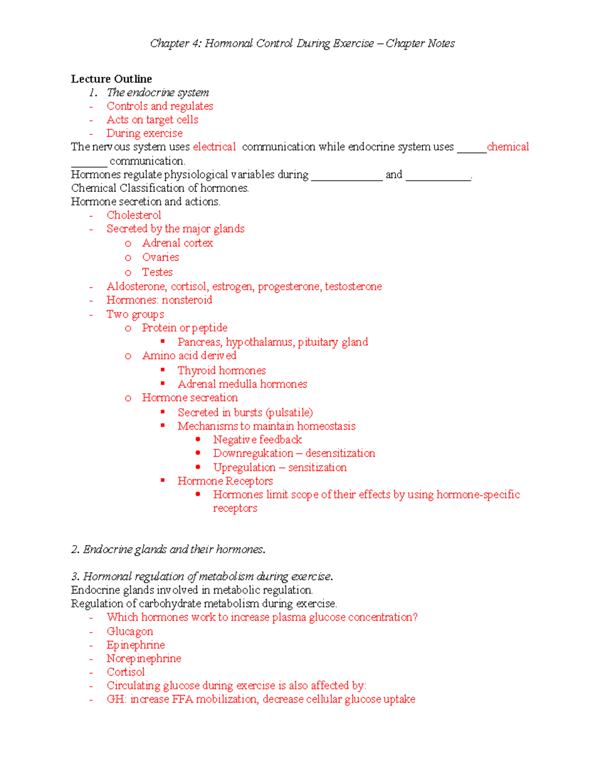 KIN358 Chapter 4 Notes- Hormonal Control During Exercise (1) final ...