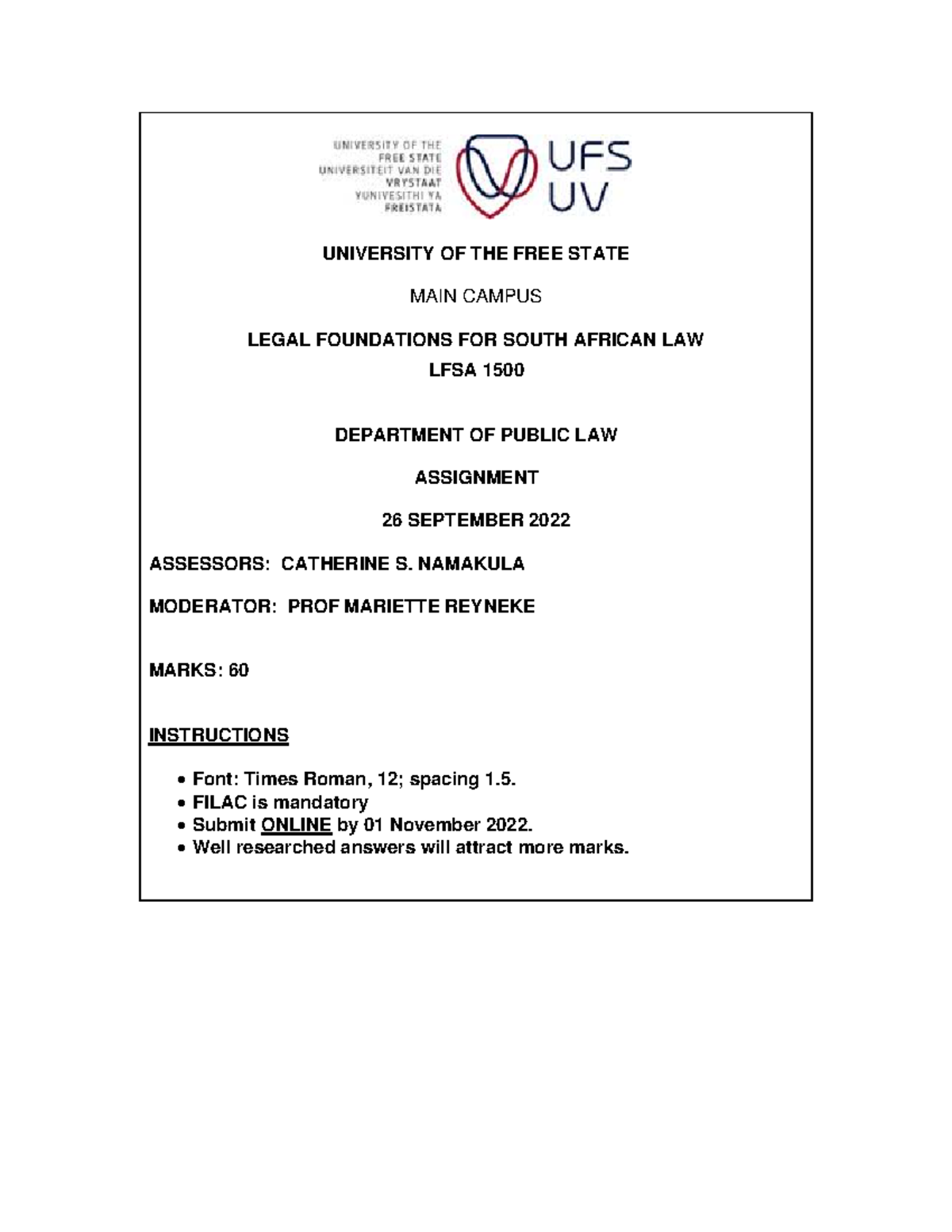 Assignment - UNIVERSITY OF THE FREE STATE MAIN CAMPUS LEGAL FOUNDATIONS ...
