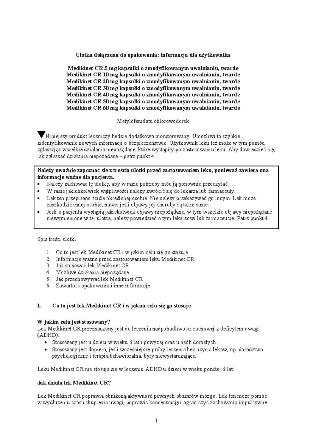 Ulotka dla użytkownika leku Medikinet CR (5-60 mg) - Informacje i ...