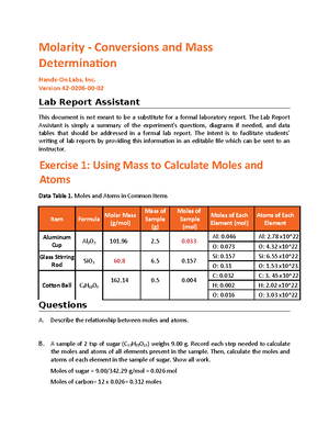 CHEM1025L GOBThe Mole Conversions Mass Determinationand Hydrates 113365 ...